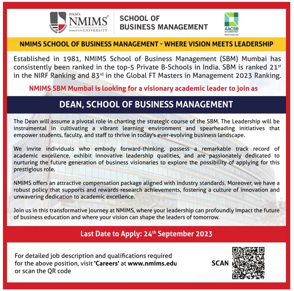 SVKM’s NMIMS Deemed to be University, Mumbai Wanted Dean | FacultyPlus