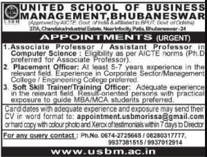 United School of Business Management, Bhubaneswar Wanted Teaching and Non-Teaching Faculty ...