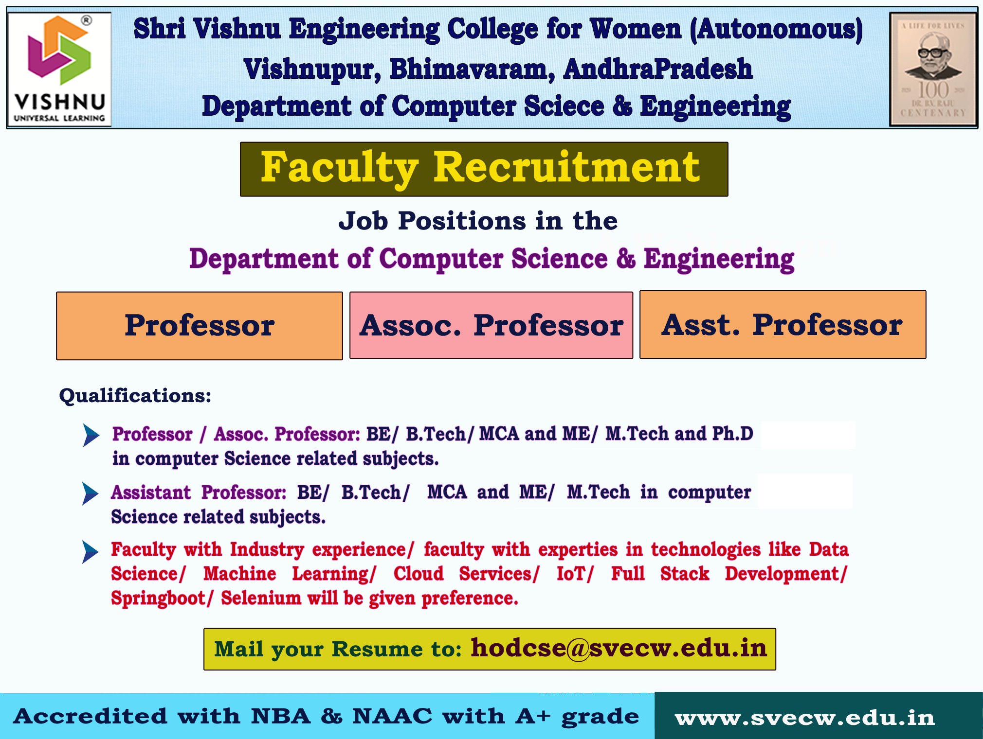 Shri Vishnu Engineering College for Women, West Godavari wanted Teaching Faculty | FacultyPlus