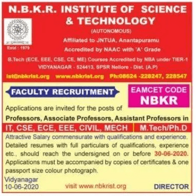 N.B.K.R institute of Science and Technology Wanted Professor/Associate ...