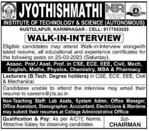 Jyothishmathi Institute of Technology and Science Wanted Associate Professor/Assistant Professor ...