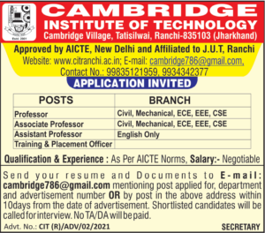 Cambridge Institute of Technology, Ranchi Wanted Professor/Associate ...