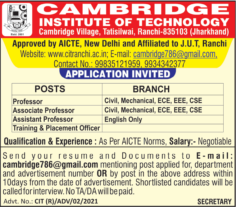 Cambridge Institute of Technology, Ranchi Wanted Professor/Associate ...