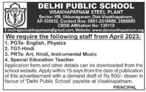 Delhi Public School, Visakhapatnam Wanted PGT/TGT/PRT Teachers and ...