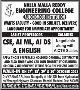 Assistant Professor Jobs at Nalla Malla Reddy Engineering College (Walk-in) | FacultyPlus