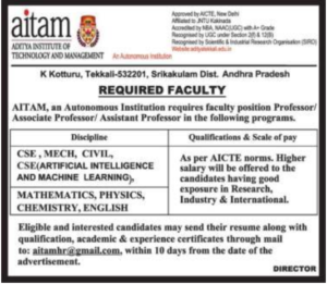 Aditya Institute of Technology and Management- Professor/Associate Professor/Assistant Professor ...