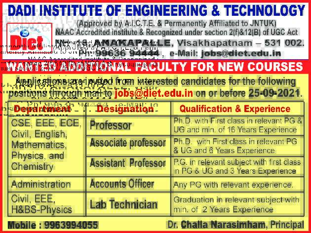 Dadi Institute of Engineering and Technology, Visakhapatnam, Wanted ...