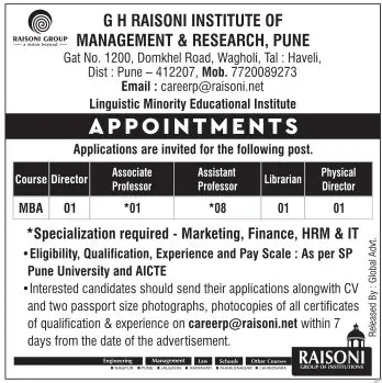 Faculty Jobs 2020 at G H Raisoni Institute of Management and Research, Pune