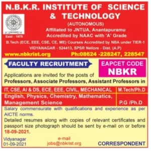 N.B.K.R institute of Science and Technology, Nellore Wanted Professor ...