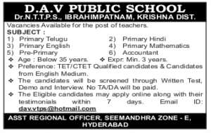 DAV Public School , Krishna, Andhra Pradesh Wanted Pre Primary and Primary Teachers | FacultyPlus