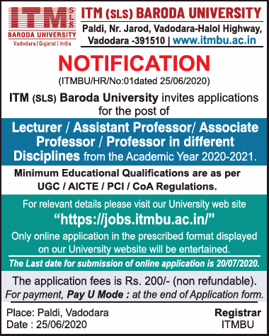 ITM Baroda University job | FacultyPlus