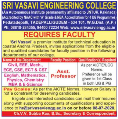 Sri vasavi Engineering College job | FacultyPlus