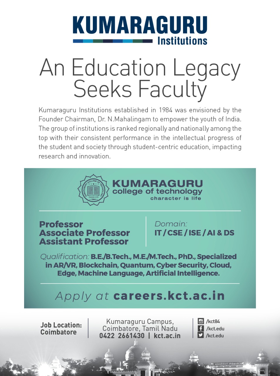 Kumaraguru College of Technology, Coimbatore Wanted Associate Professor/Assistant Professor ...