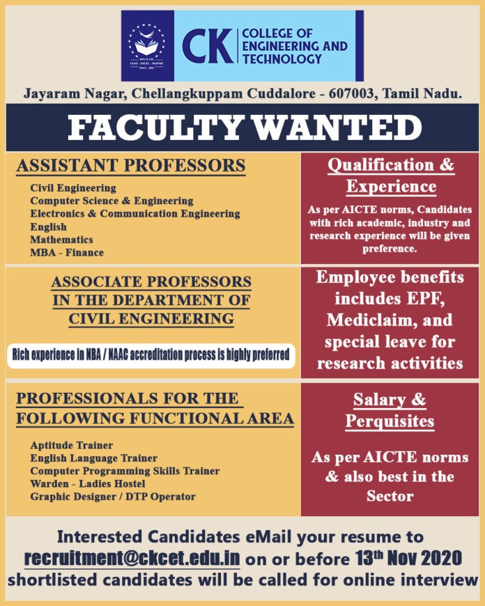 CK College of Engineering and Technology, Cuddalore Wanted Associate ...