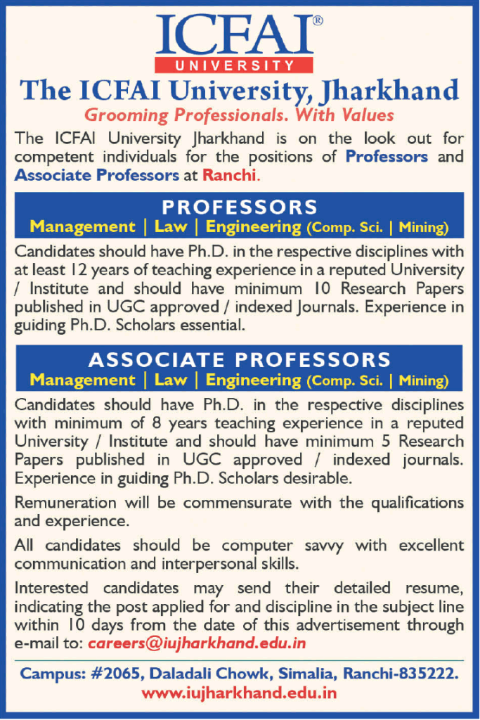 ICFAI University, Jharkhand Wanted Professor and Associate Professor ...
