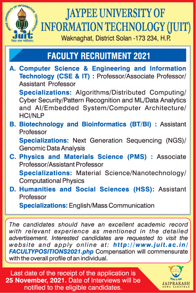 Faculty Recruitment 2021 at Jaypee University of Information Technology, Himachal Pradesh ...