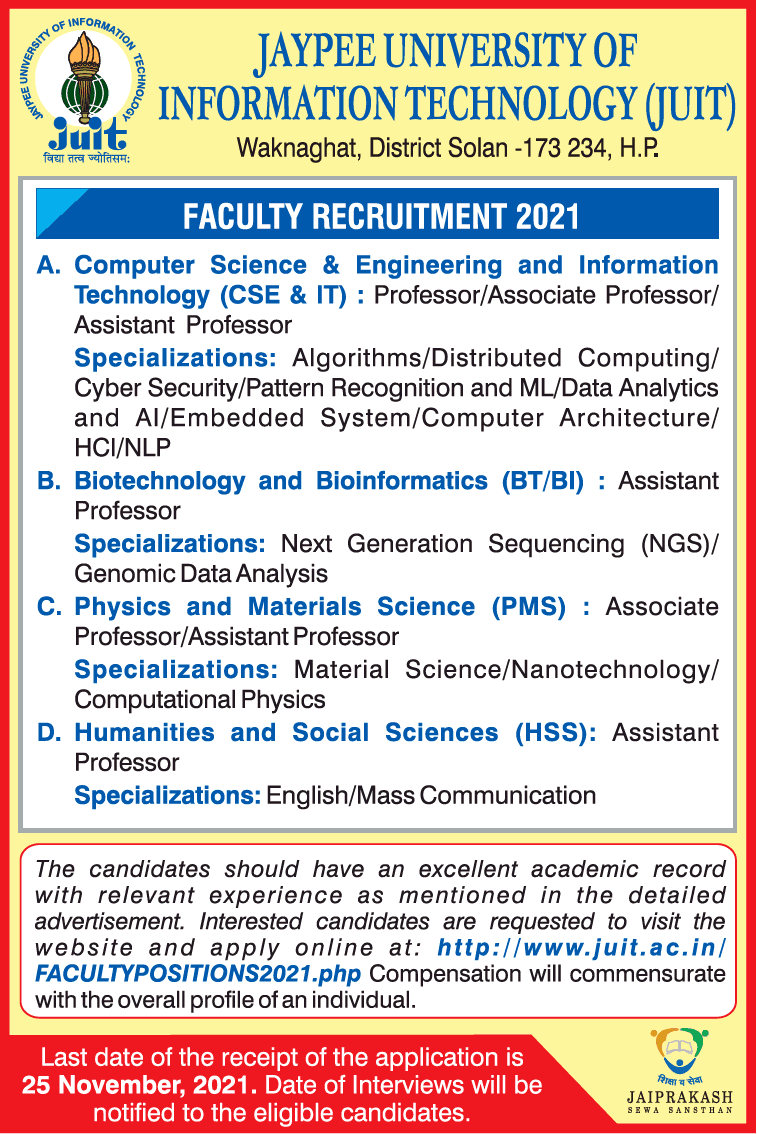 Faculty Recruitment 2021 at Jaypee University of Information Technology, Himachal Pradesh ...