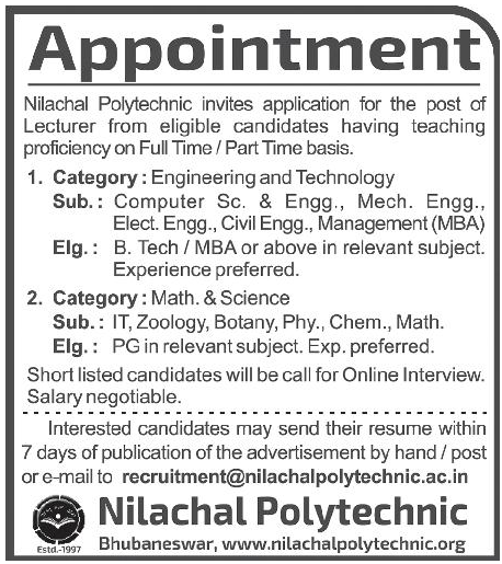 Nilachal Polytechnic, Bhubaneshwar Wanted Lecturer | FacultyPlus