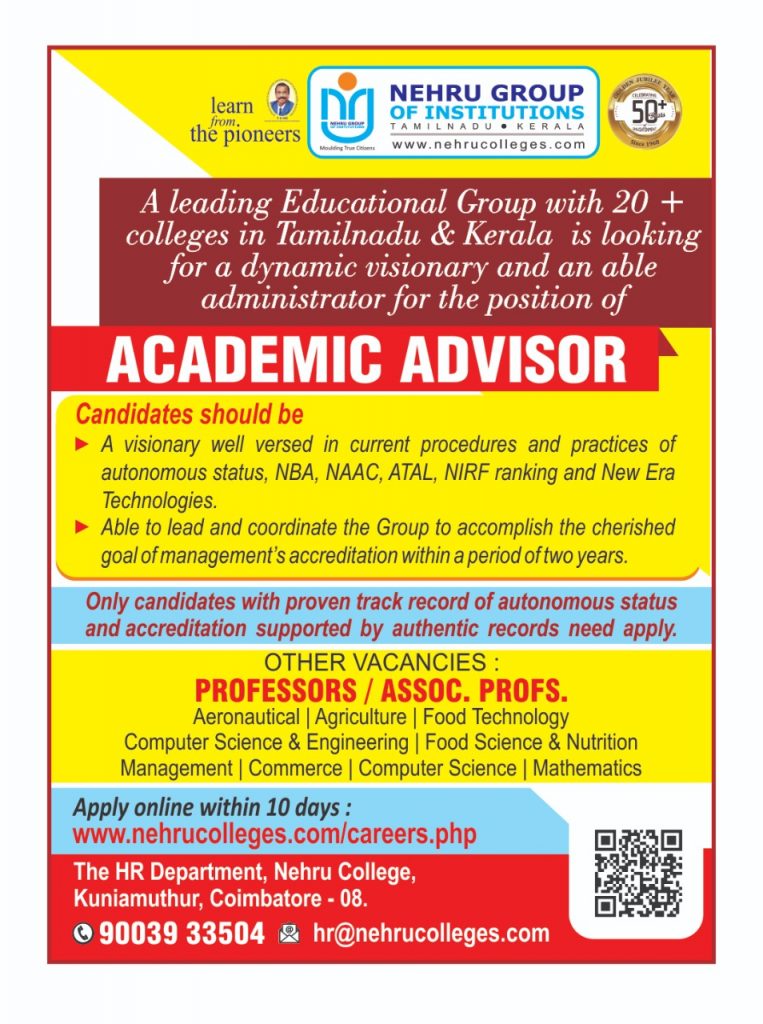 Nehru Group of Institutions, Coimbatore Wanted Professor/Associate Professor / Academic Advisor ...