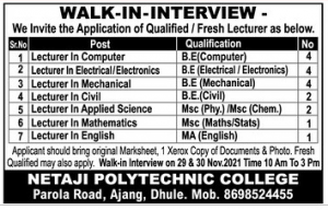 Netaji Polytechnic College, Dhule, Maharashtra Wanted Lecturer | FacultyPlus