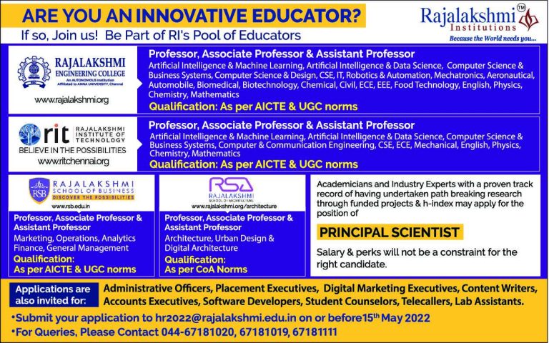 Faculty Recruitment 2022 at Rajalakshmi Institutions, Chennai | FacultyPlus