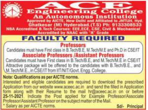 ACE Engineering College, Hyderabad wanted Assistant Professor / Associate Professor/ Professor ...