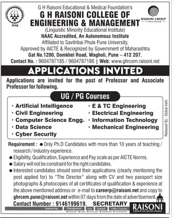 G.H.Raisoni College of Engineering and Management, Pune wanted Associate Professor and Professor ...