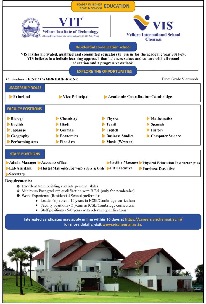 Vellore International School (VIS), Chennai Wanted Teaching & Non-Teaching Faculty Job Positions ...
