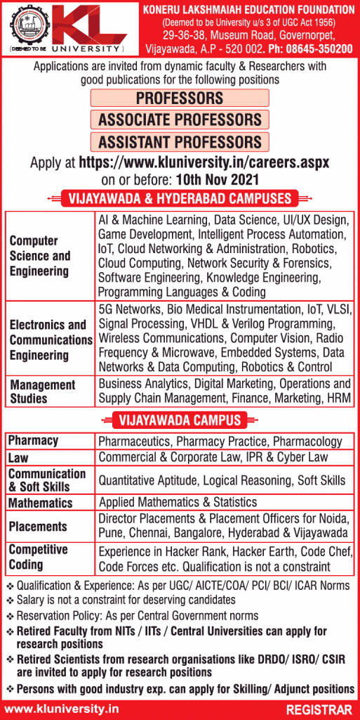KL University- Vijayawada, wanted Professor/ Associate Professor and Assistant Professor ...