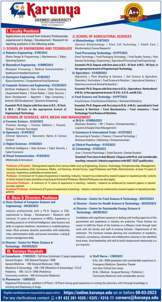 Faculty Recruitment 2023- Karunya University, Coimbatore | FacultyPlus