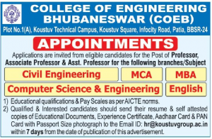 Faculty Recruitment 2021 College of Engineering Bhubaneswar Wanted Prof/ Asso Prof/ Asst Prof ...