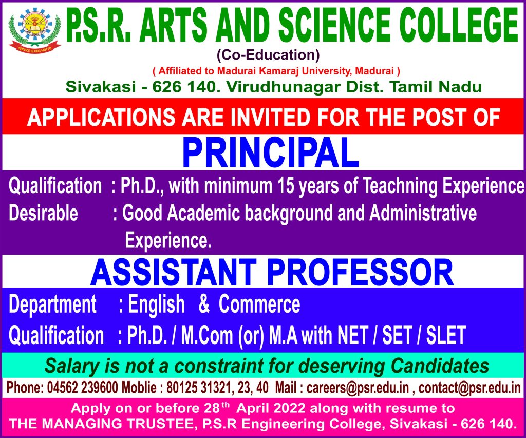 Principal/Assistant Professor Jobs in P.S.R Arts and Science College ...