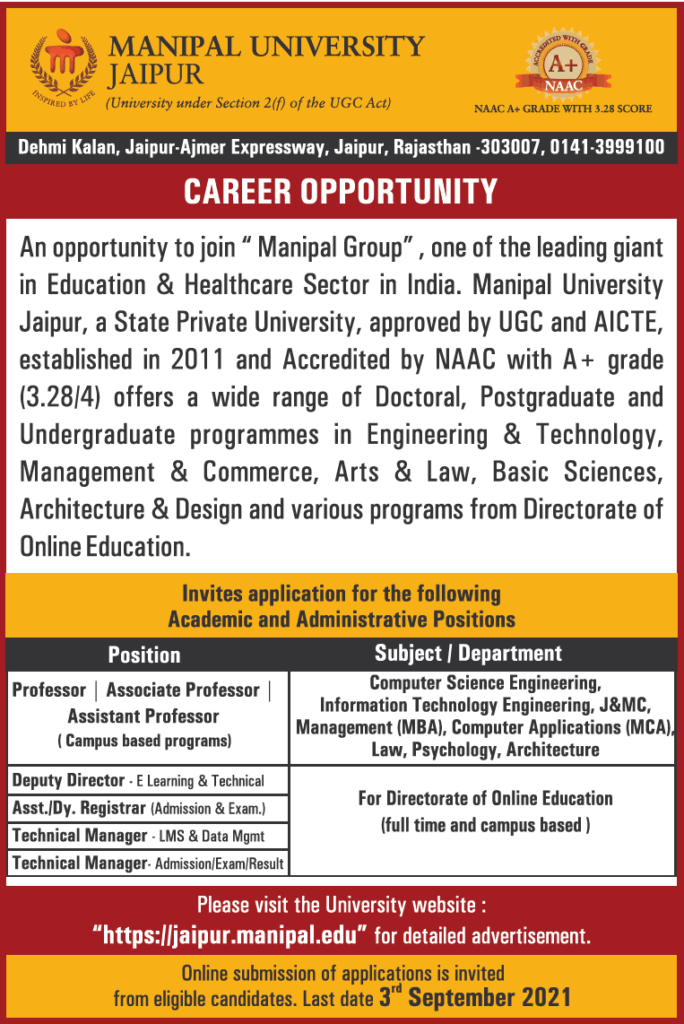 Professor/ Associate Professor/ Assistant Professor Jobs at Manipal University, Jaipur | FacultyPlus
