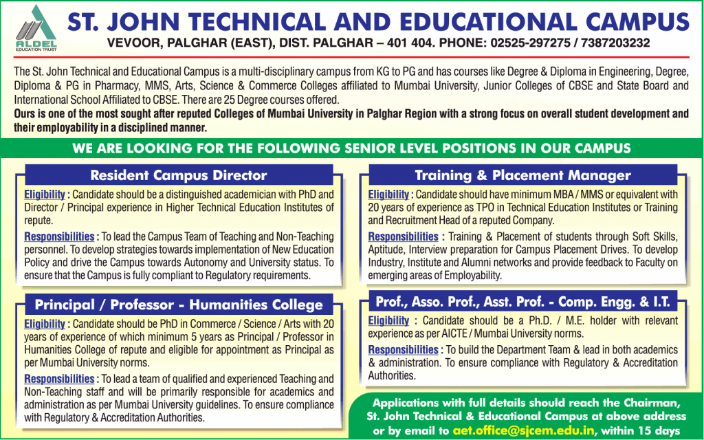 St.John Technical and Educational Campus, Palghar – Teaching Jobs/Non-Teaching Jobs | FacultyPlus