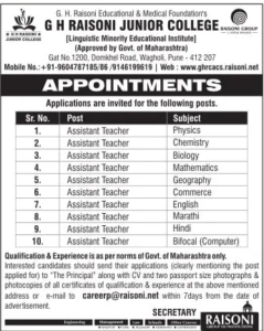 Faculty Jobs 2021 at G H Raisoni Junior college, Pune | FacultyPlus