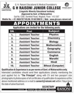 Faculty Jobs 2022 at G H Raisoni Junior college, Pune | FacultyPlus