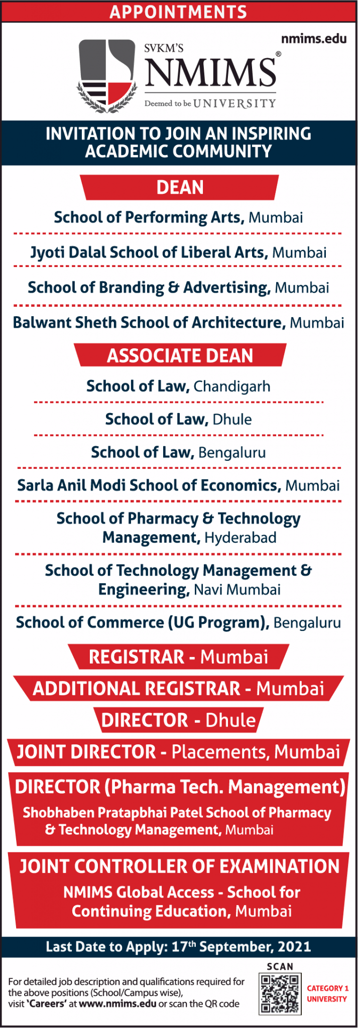Director/ Dean/ Registrar Recruitment at NMIMS University, Mumbai ...