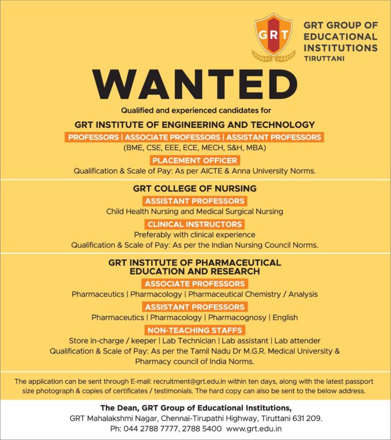 GRT Group of Educational Institutions Wanted Faculty | FacultyPlus