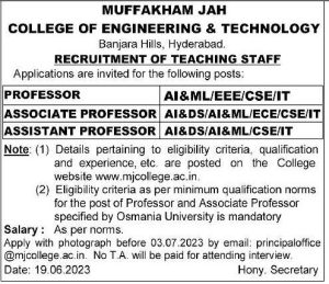 Muffakham Jah College of Engineering & Technology, Hyderabad Wanted Professor/ Associate ...
