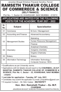 Teaching Faculty Jobs at Ramseth Thakur College of Commerce and Science ...