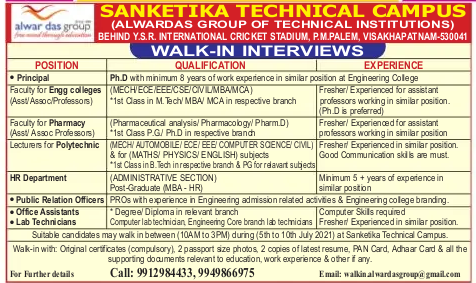 Sanketika Technical Campus, Visakhapatnam wanted Principal/ Associate ...