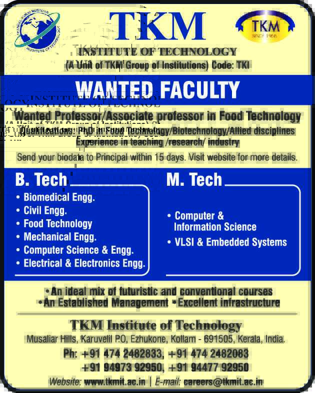 T.K.M. Institute of Technology, Kollam Wanted Professor/Associate ...