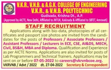 Faculty Jobs Openings- VKR, VNB & AGK College of Engineering, Gudivada ...