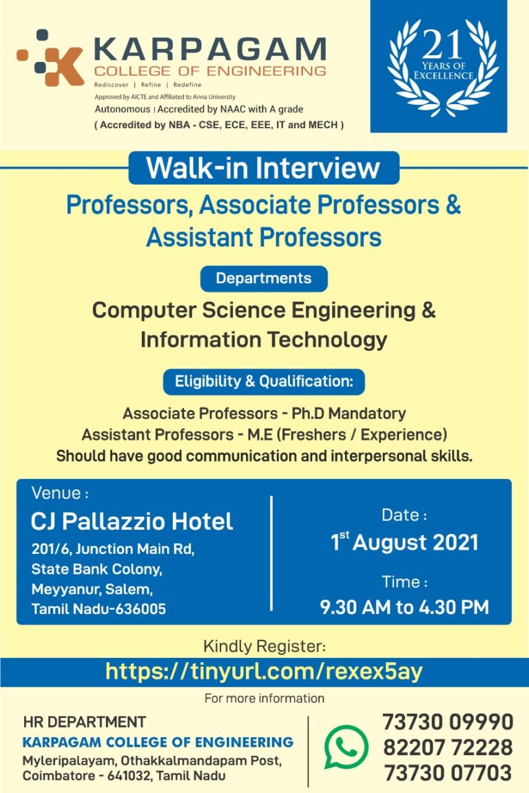 Karpagam College of Engineering, Coimbatore- Walk-in Interview ...