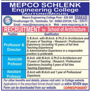 Mepco Schlenk Engineering College(Autonomous), Virudhunagar Wanted Assistant Professor/Associate ...