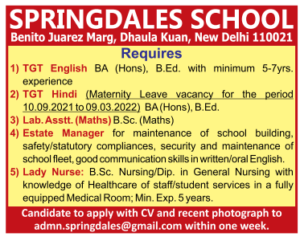 Springdales School, New Delhi Wanted Teachers, Lab Assistant, Estate Manager & Lady Nurse ...