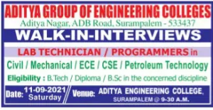 Aditya Engineering Colleges, East Godavari Wanted Lab Technician and Programmer | FacultyPlus