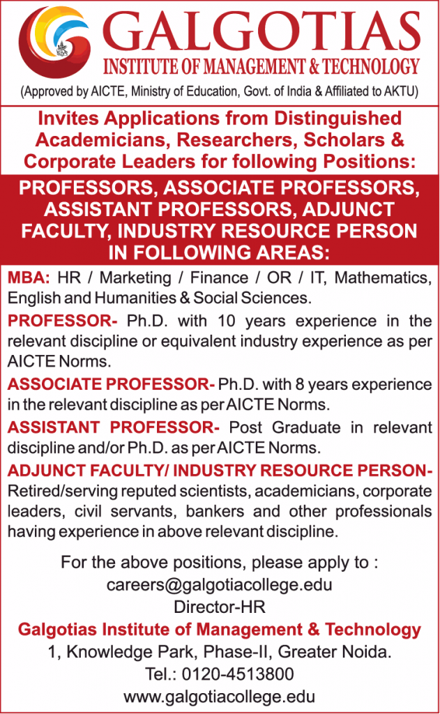 Galgotias Institute of Management & Technology, Greater Noida wanted Professor/ Associate ...