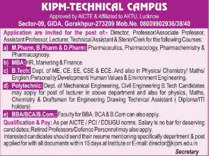 KIPM- Technical Campus, Gorakhpur wanted Director/ Professor/ Associate Professor/ Assistant ...