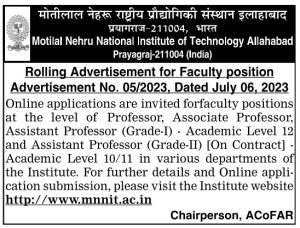 Teaching Jobs- Motilal Nehru National Institute of Technology, Allahabad (Rolling Advertisement ...